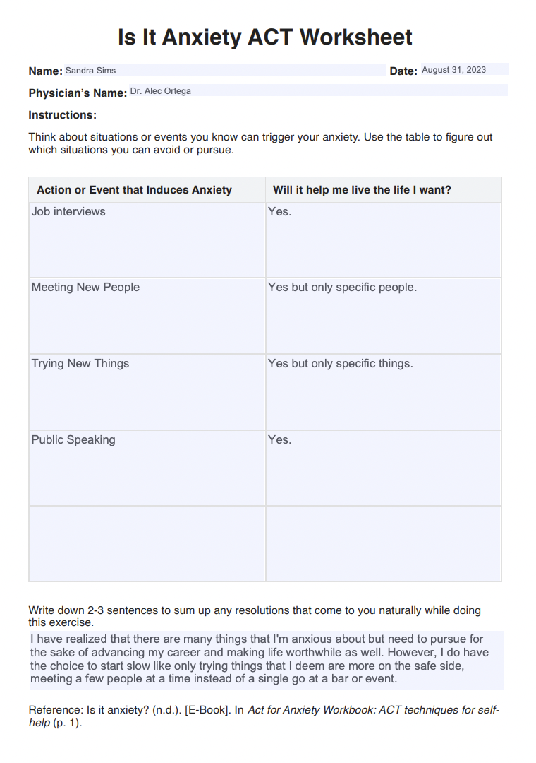 Is It Anxiety ACT Worksheet & Example | Free PDF Download